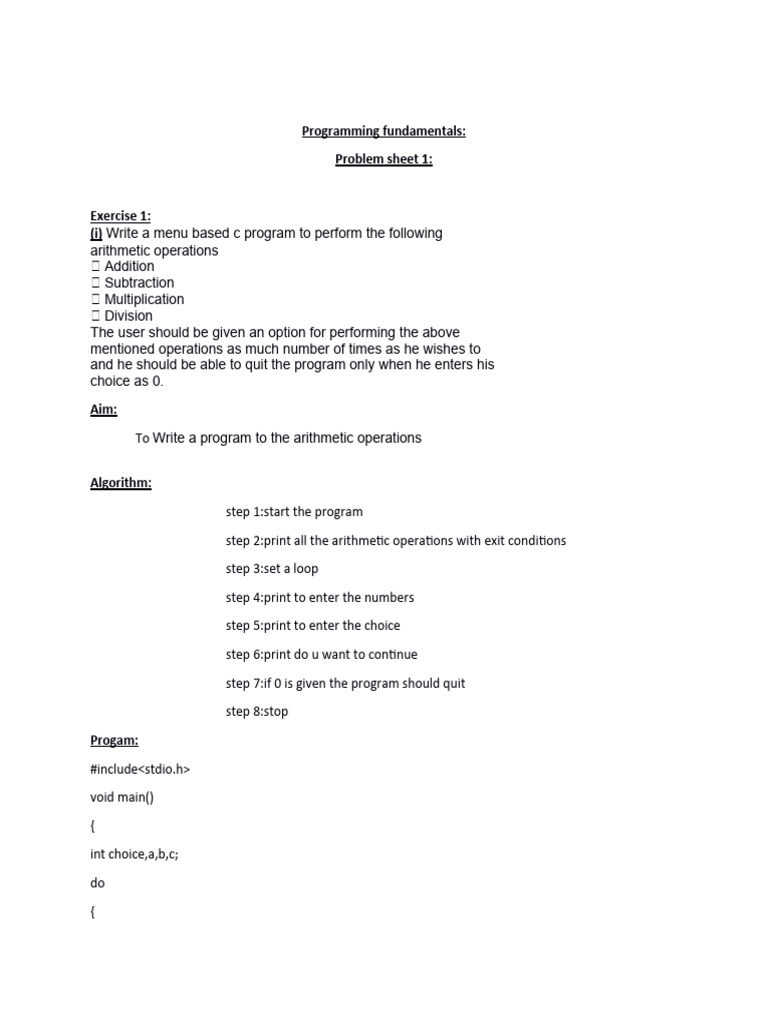 Write A Menu Based C Program To Perform The Following Pdf Algorithms Arithmetic 3663