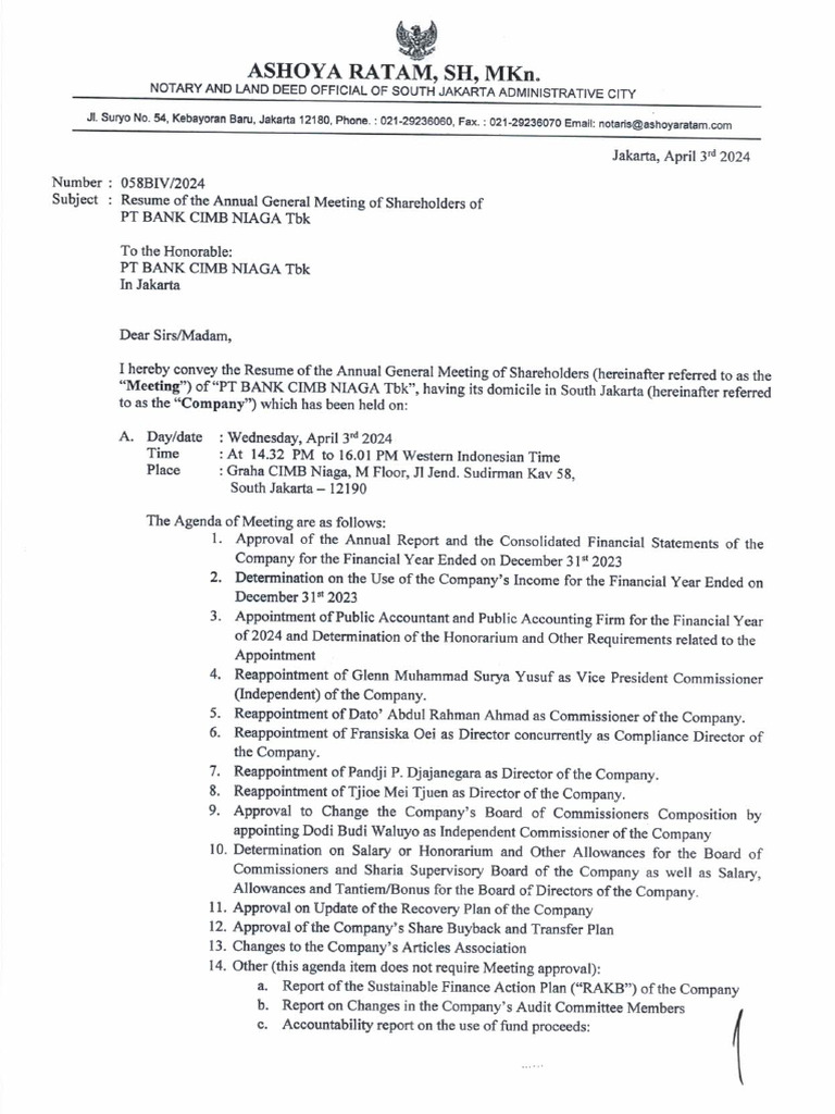 BNGA - Ringkasan Risalah - Risalah RUPS - 31623950 - Lamp1 | PDF