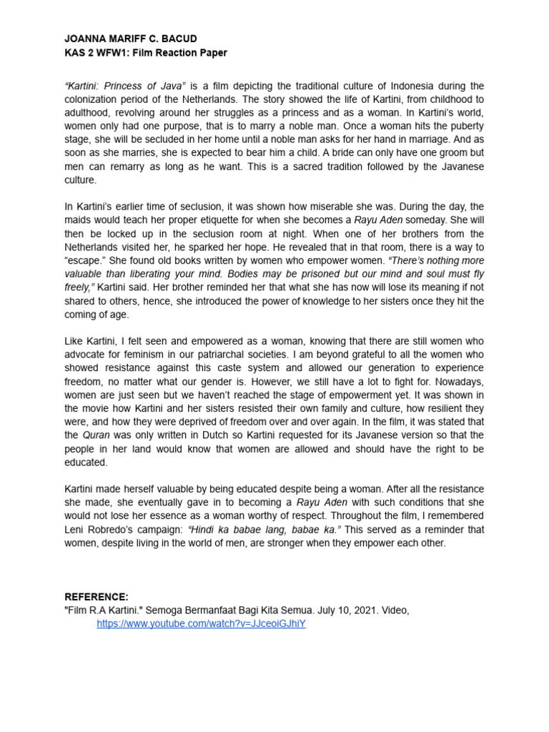"Kartini" - Film Reaction Paper | PDF | Gender | Gender Studies