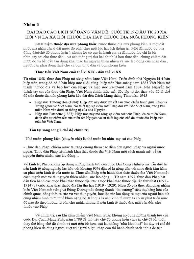 Nhóm 6 - CUỐI TK 19-ĐẦU TK 20 XÃ HỘI VN LÀ XÃ HỘI THUỘC ĐỊA HAY THUỘC ĐỊA NỬA PHONG KIẾN | PDF