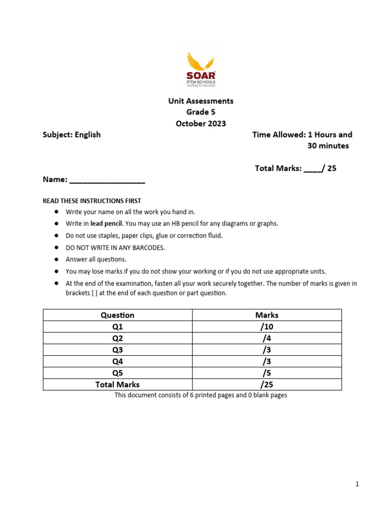 English GRADE 5 UNIT 1 ASSESSMENT | PDF