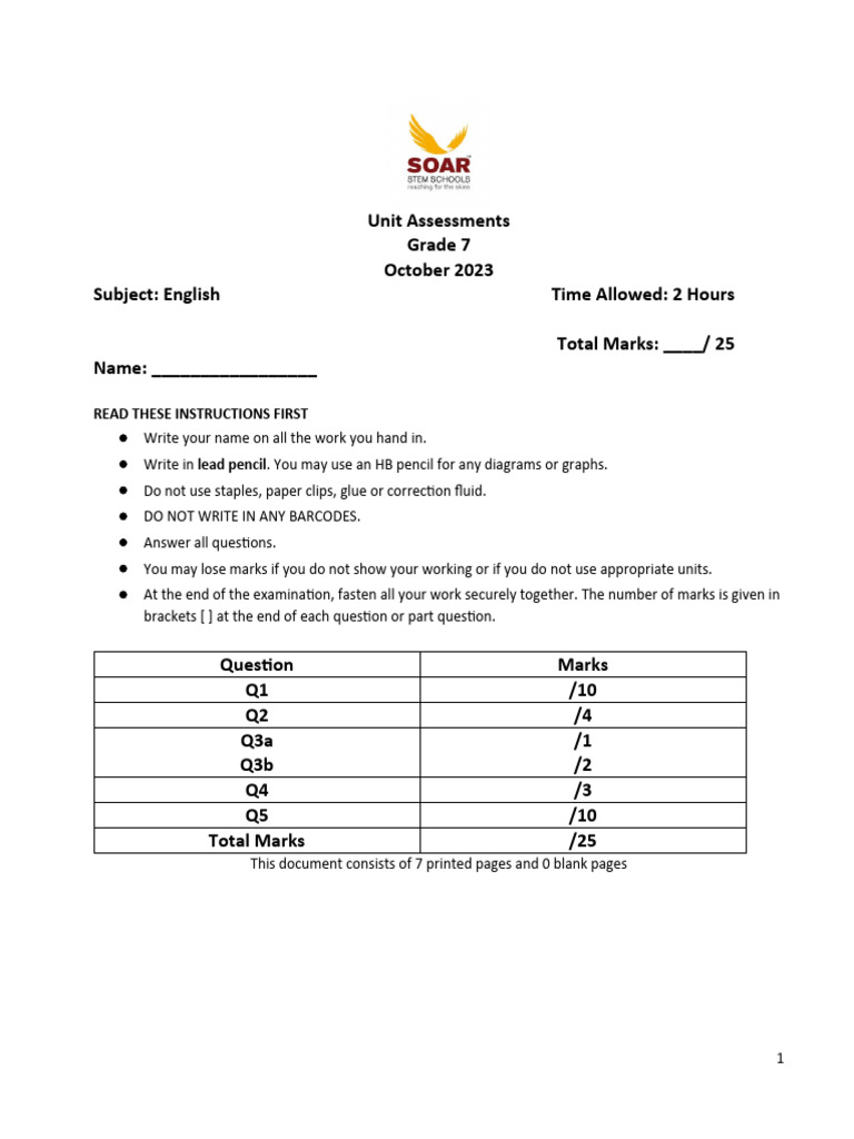 English Grade 7 Unit 1 Assessment Copy Pdf 