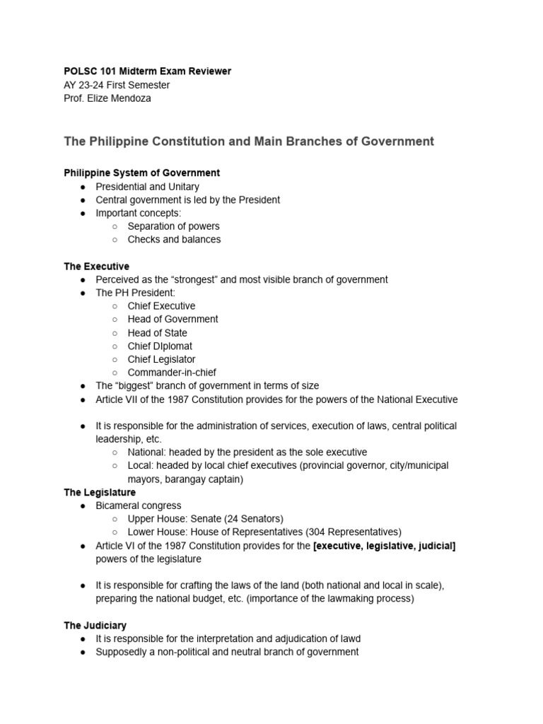 POLSC 101 First Exam Reviewer | PDF | Institution | Separation Of Powers