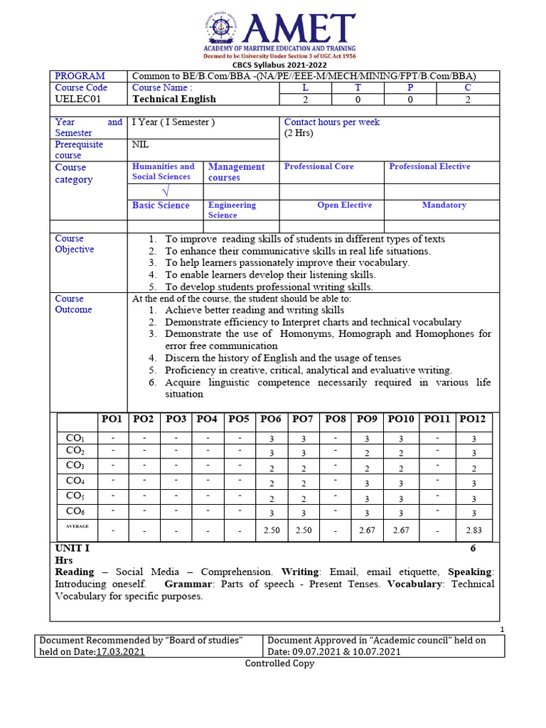 CBCS Technical English Syllabus 2021-22 | PDF | Electrical Network ...