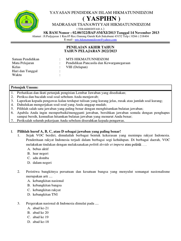 Soal PPKn Kelas VIII 2022/2023 | PDF | Perjalanan