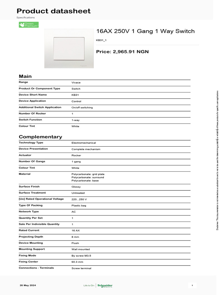Vivace 1 Gang Switch Specifications | PDF | Alternating Current | Switch