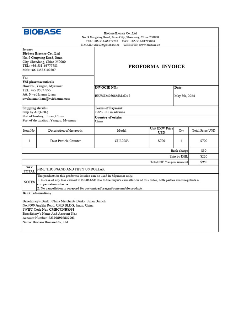 Biobase Proforma Invoice for YSI Pharmaceuticals 20240508 | Download ...
