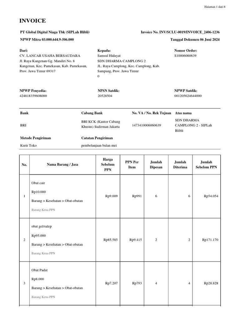 Invoice Pembelian Obat dan Alat Tulis | PDF