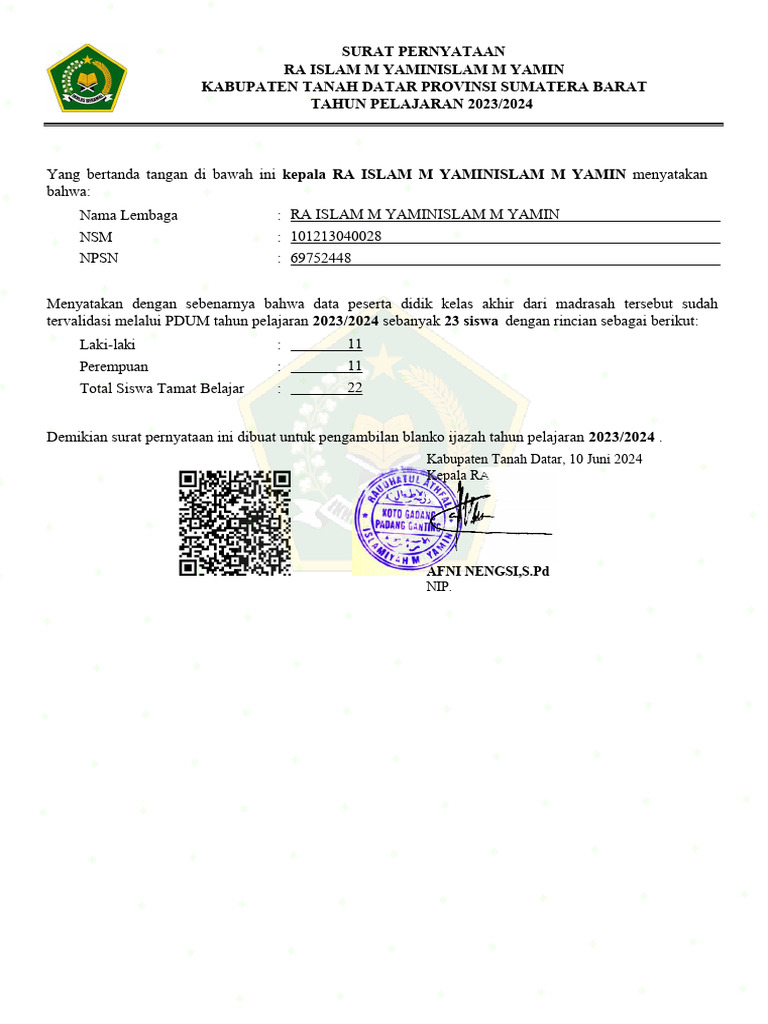 Surat Pernyataan RA M. YAMIN | PDF