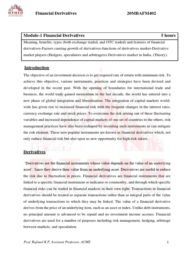Financial Derivatives Notes | PDF | Futures Contract | Derivative (Finance)