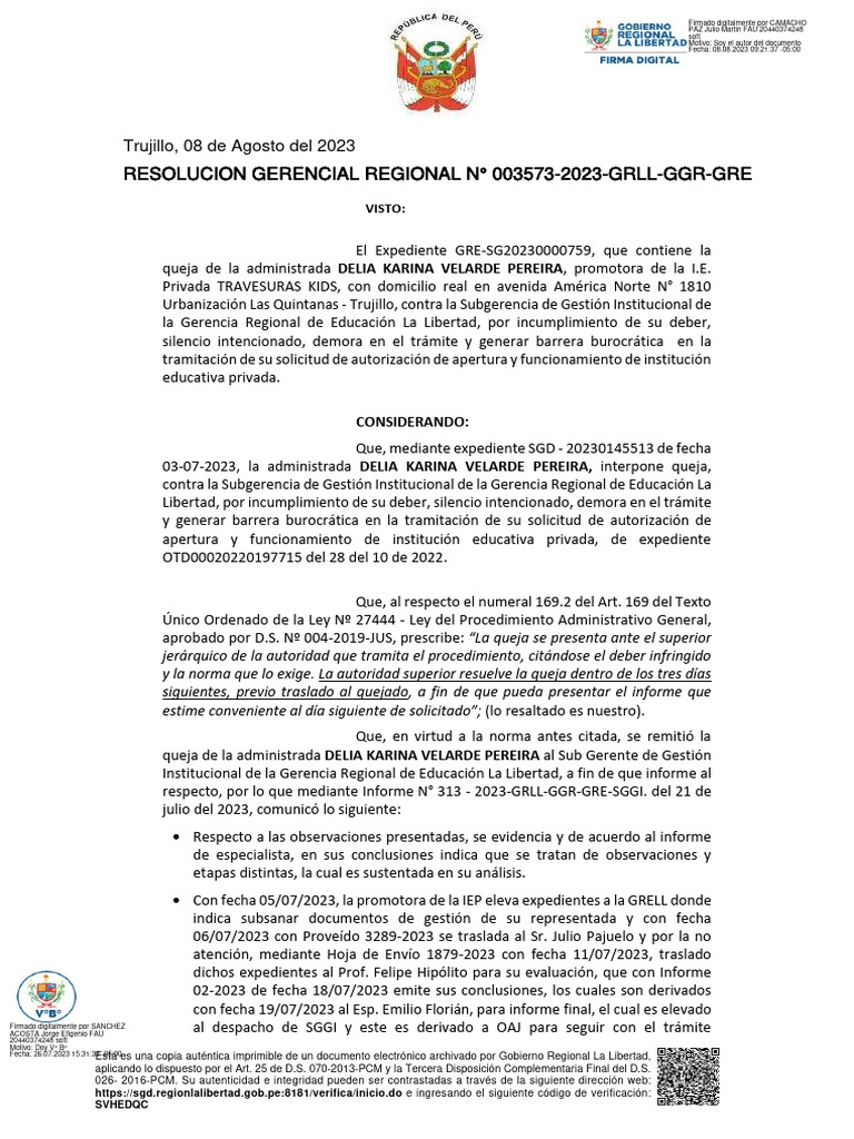 RGR-03573-2023 Velarde Pereira Delia Karina Queja | PDF