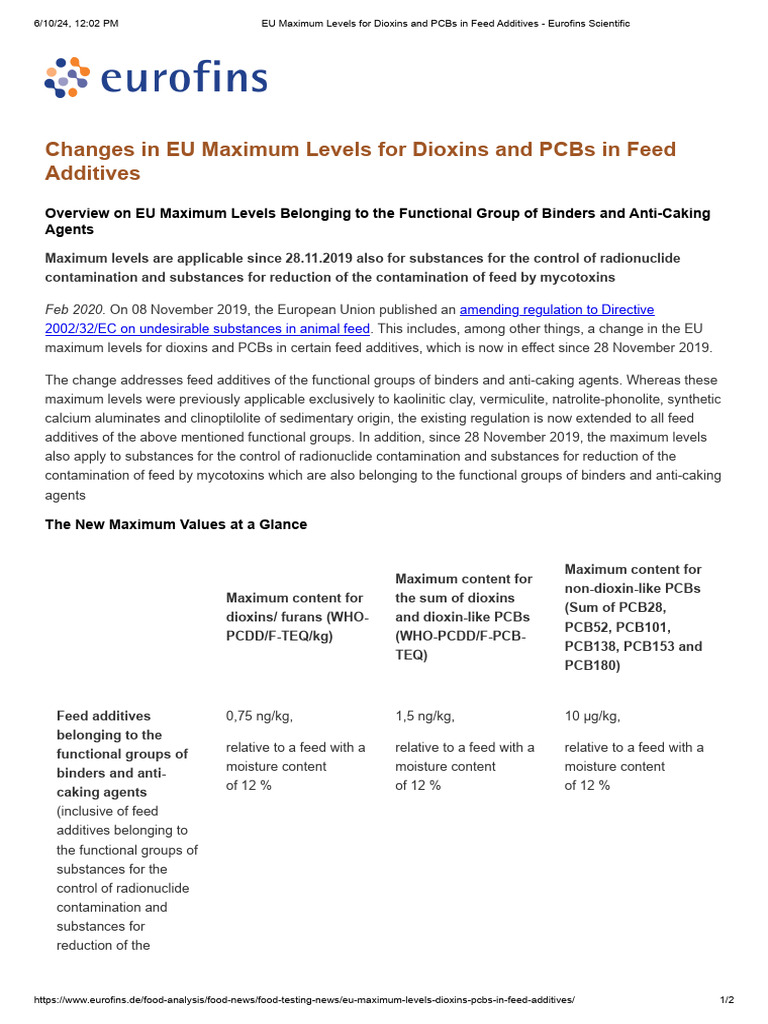 EU Maximum Levels For Dioxins and PCBs in Feed Additives - Eurofins Scientific | PDF ...