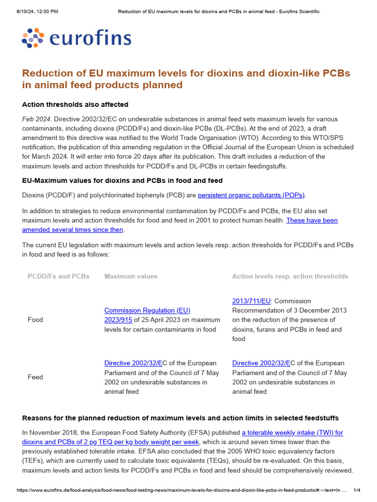 Reduction of EU Maximum Levels For Dioxins and PCBs in Animal Feed - Eurofins Scientific | PDF ...