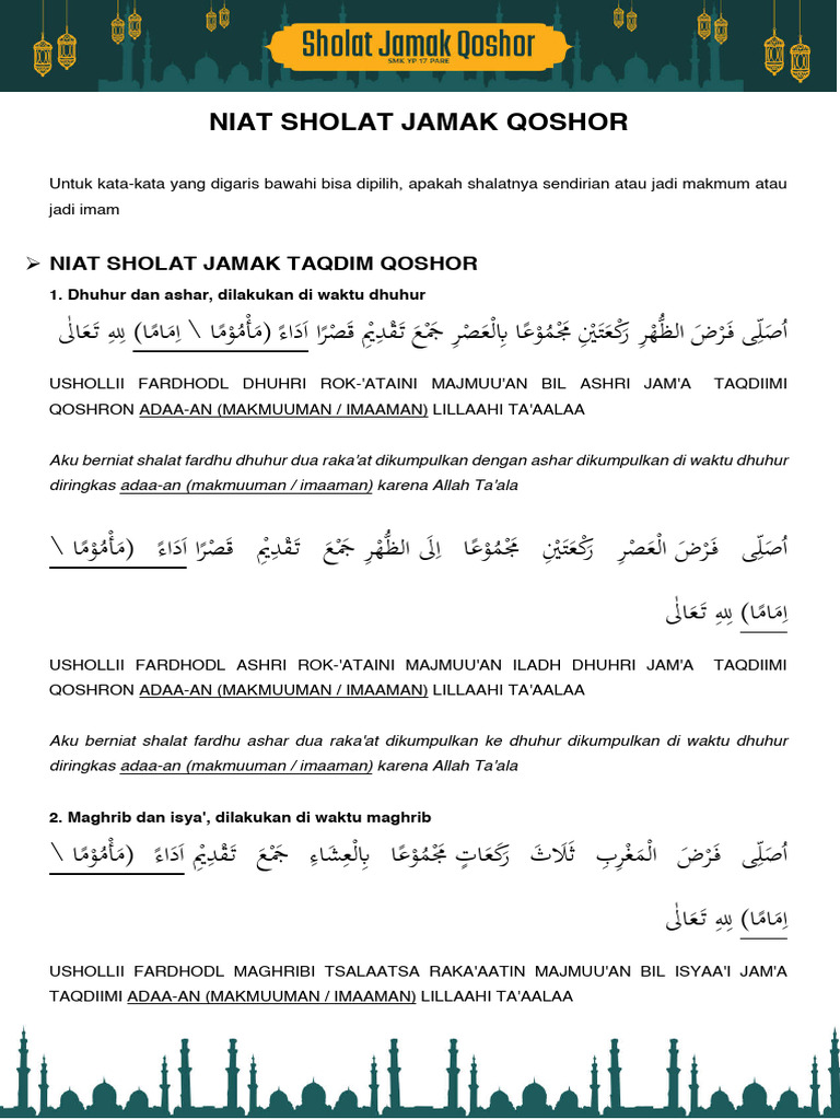Niat Sholat Jamak Qoshor | PDF | Prayer | Worship