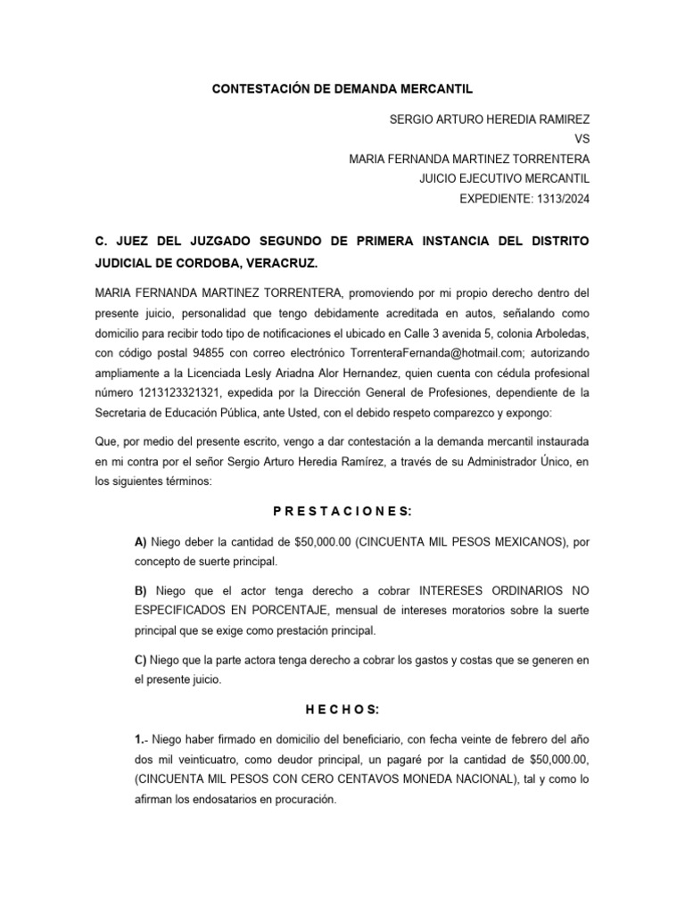 Contestacion De Demanda Mercantil Pdf
