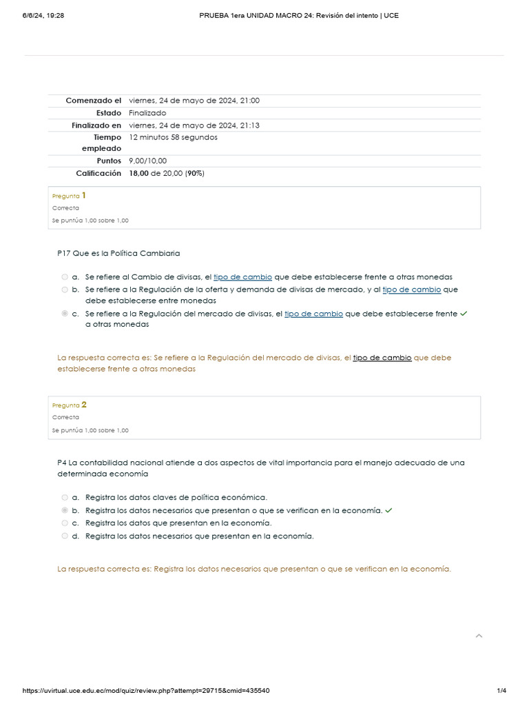 PRUEBA 1era UNIDAD MACRO 24 - Revisión Del Intento - UCE | PDF | Producto Interno Bruto | Economias