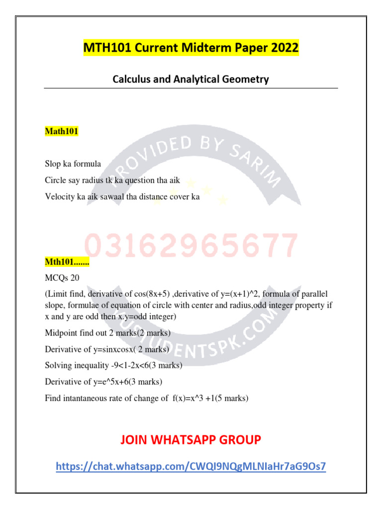 MTH101 Current Midterm 2022 Papers | PDF | Teaching Methods & Materials ...