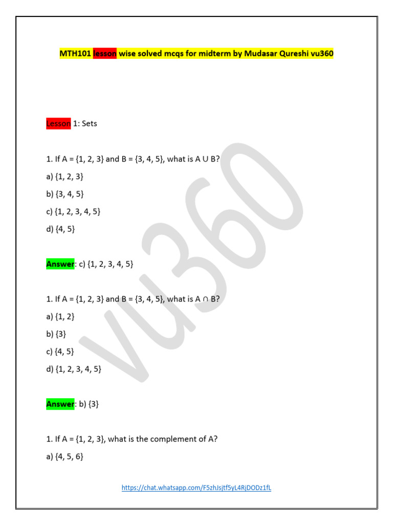 MTH101 Lesson Wise Solved Mcqs For Midterm by Mudasar Qureshi Vu360 | PDF | Matrix (Mathematics ...