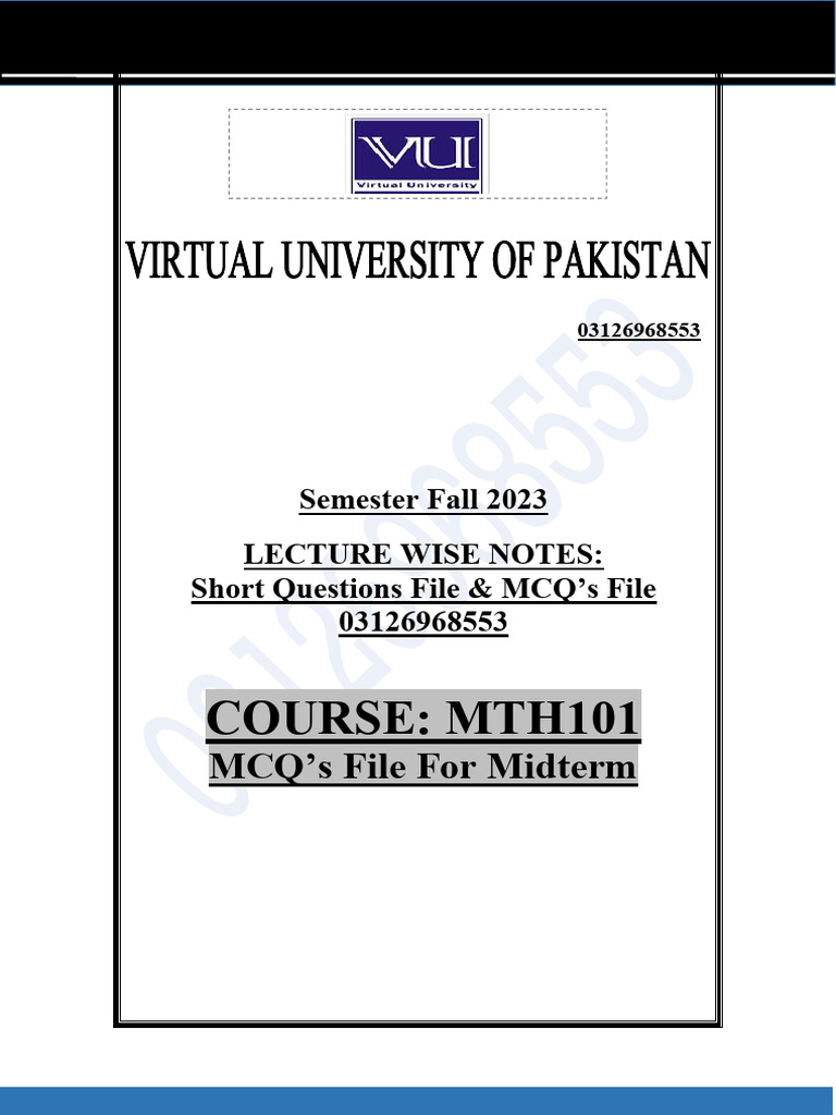 MTH101 (Lecture Wise MCQ's File) Lecture # 1 - 22 ... 03126968553.docx Updated | PDF | Function ...