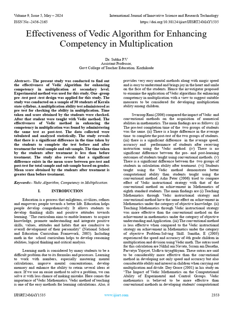 Effectiveness of Vedic Algorithm For Enhancing Competency in Multiplication | PDF | P Value ...