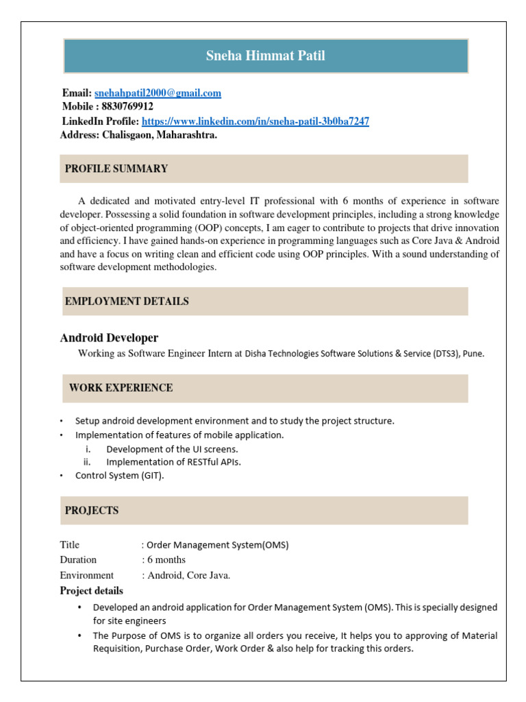 Sneha Resume | PDF | Java (Programming Language) | Android (Operating System)