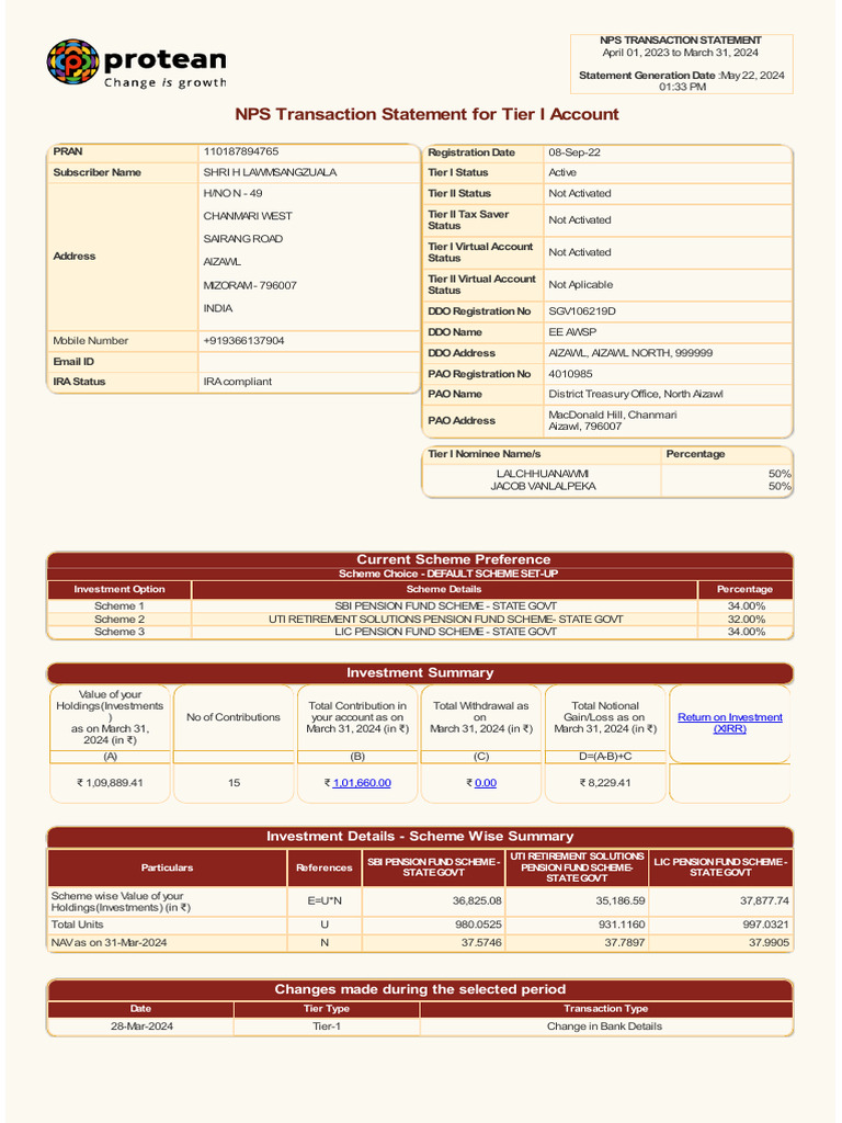 NPS Transaction Statement For Tier I Account: Current Scheme Preference ...