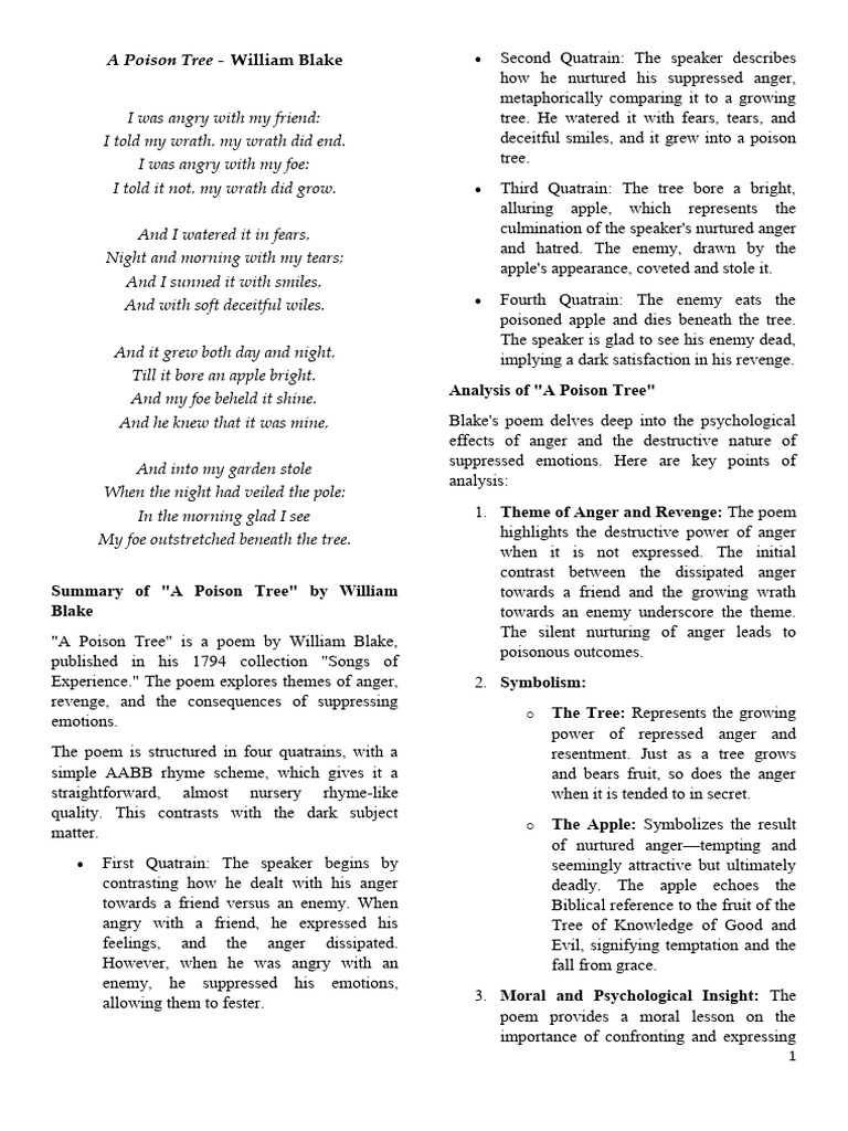 A Poison Tree - William Blake | PDF | Anger | Emotions