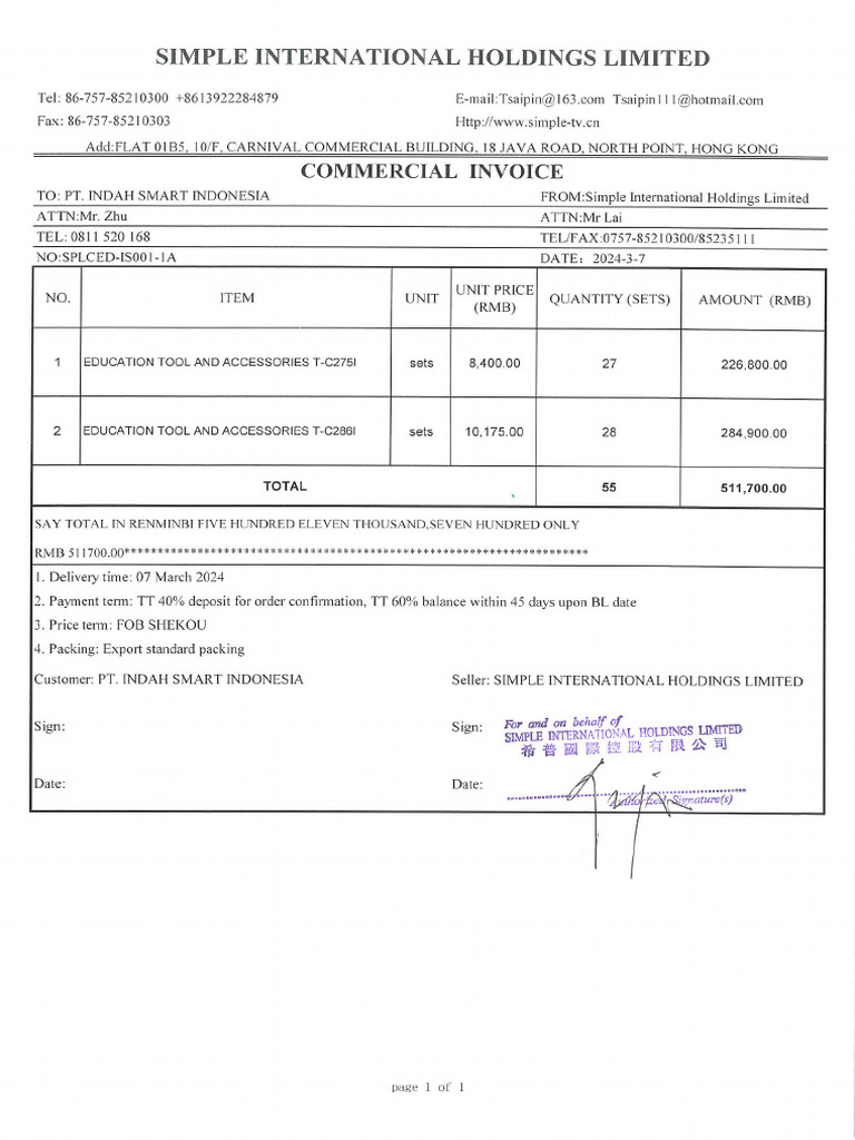 Scanned Invoice and Packing List | PDF