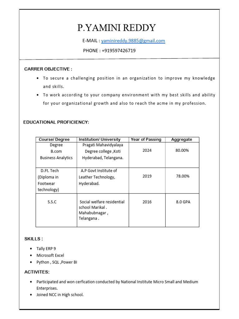 Resume of P. Yamini Reddy | PDF