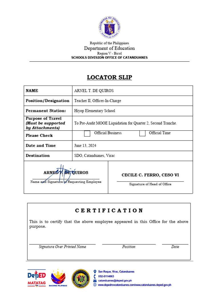 Locator Slip for Official Travel | PDF