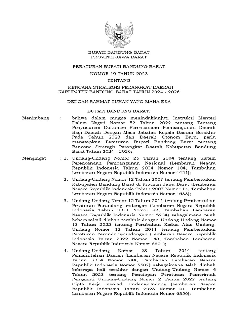 Perbup Nomor 19 Tahun 2023 Tentang Renstra Perangkat Daerah 2024-2026 | PDF