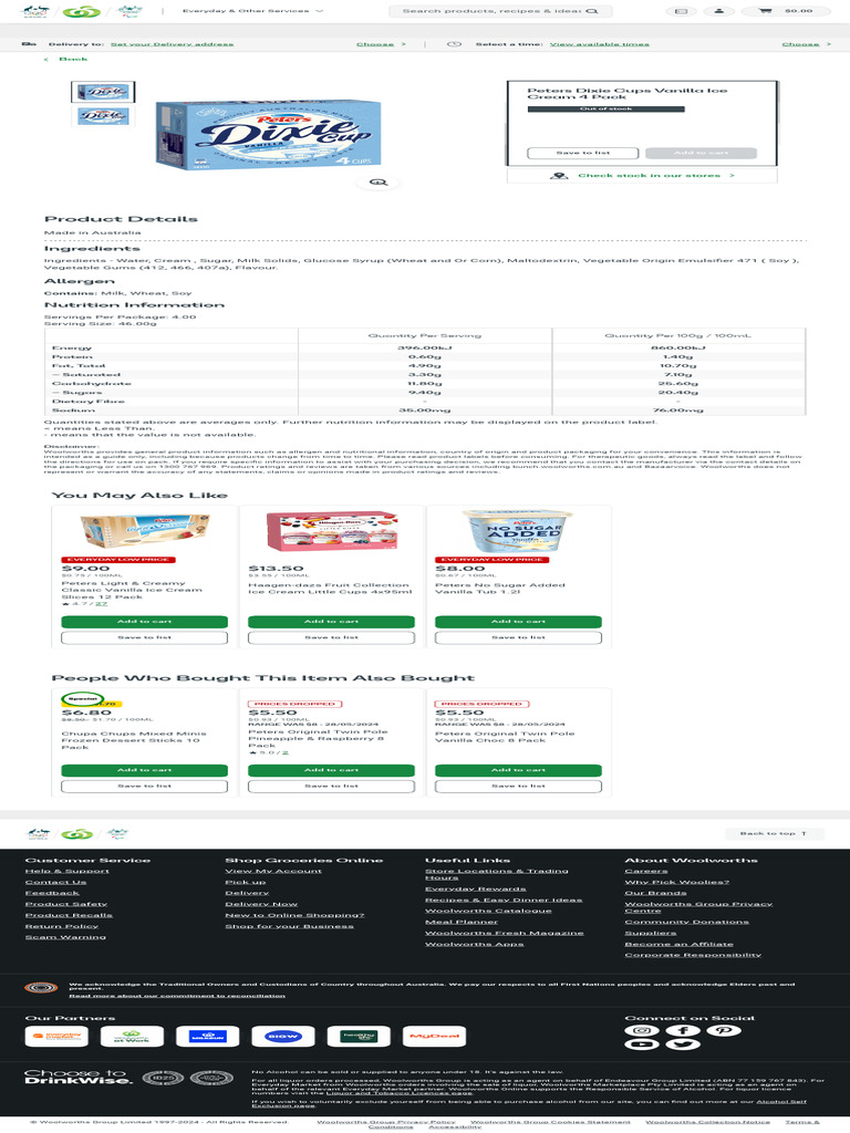 Peters Dixie Cups Vanilla Ice Cream 4 Pack Woolworths | PDF | Nutrition ...