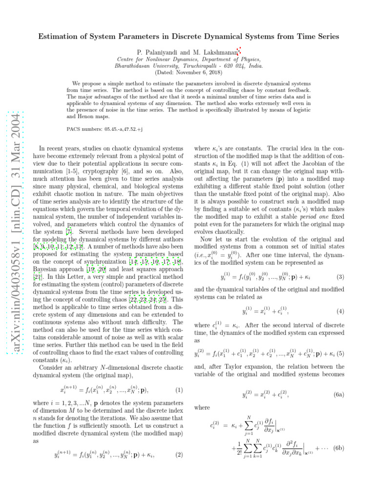 Estimation of System Parameters in Discrete Dynamical Systems From Time Series | PDF | Chaos ...