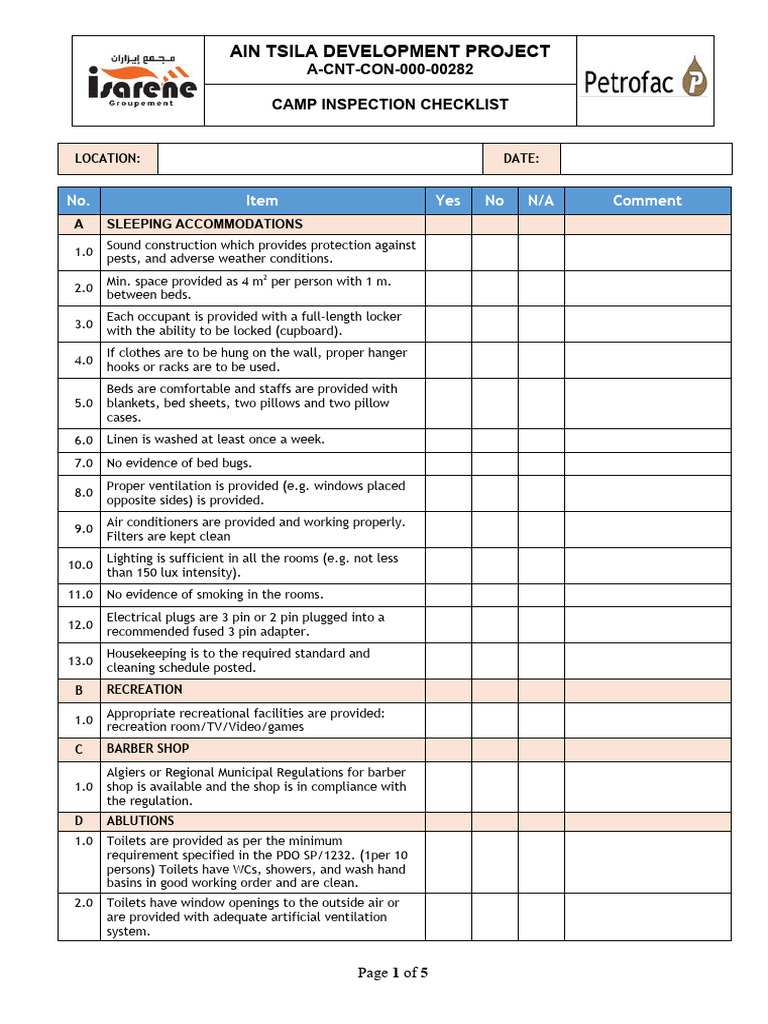 HSE Camp Inspection Checklist | PDF | Refrigerator | Kitchen