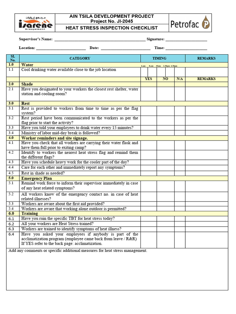 Heat Stress Inspection Checklist - New | Download Free PDF | Concrete