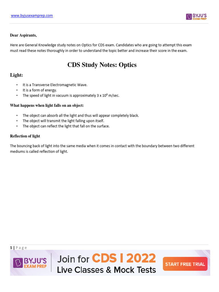 Byjus Optics Notes CAPF | PDF | Refraction | Mirror