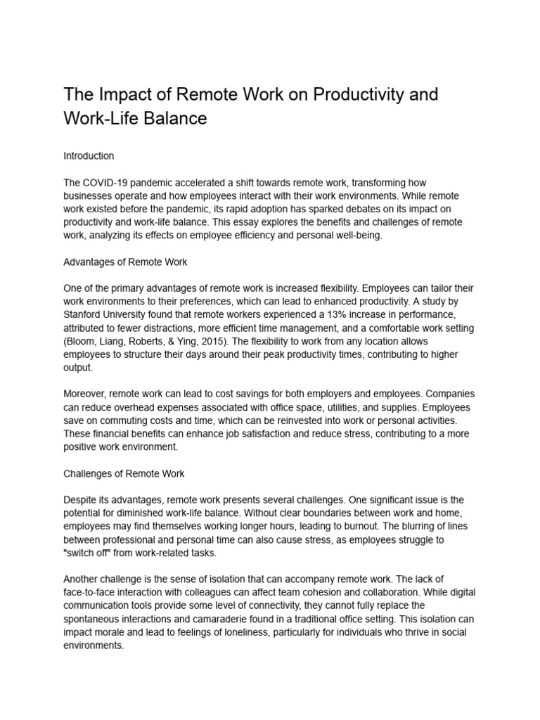 Impact of Remote Work On Productivity and Work-Life Balance | PDF ...