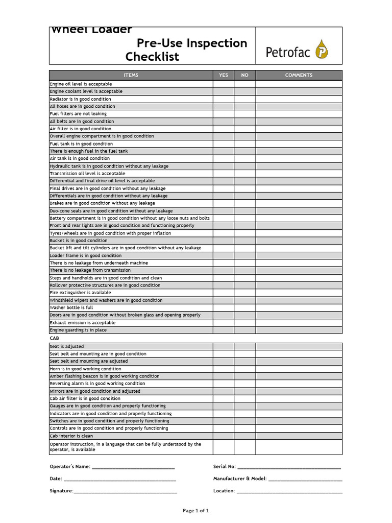 Wheel Loader Pre-Use Inspection Checklist | PDF | Truck | Washing Machine