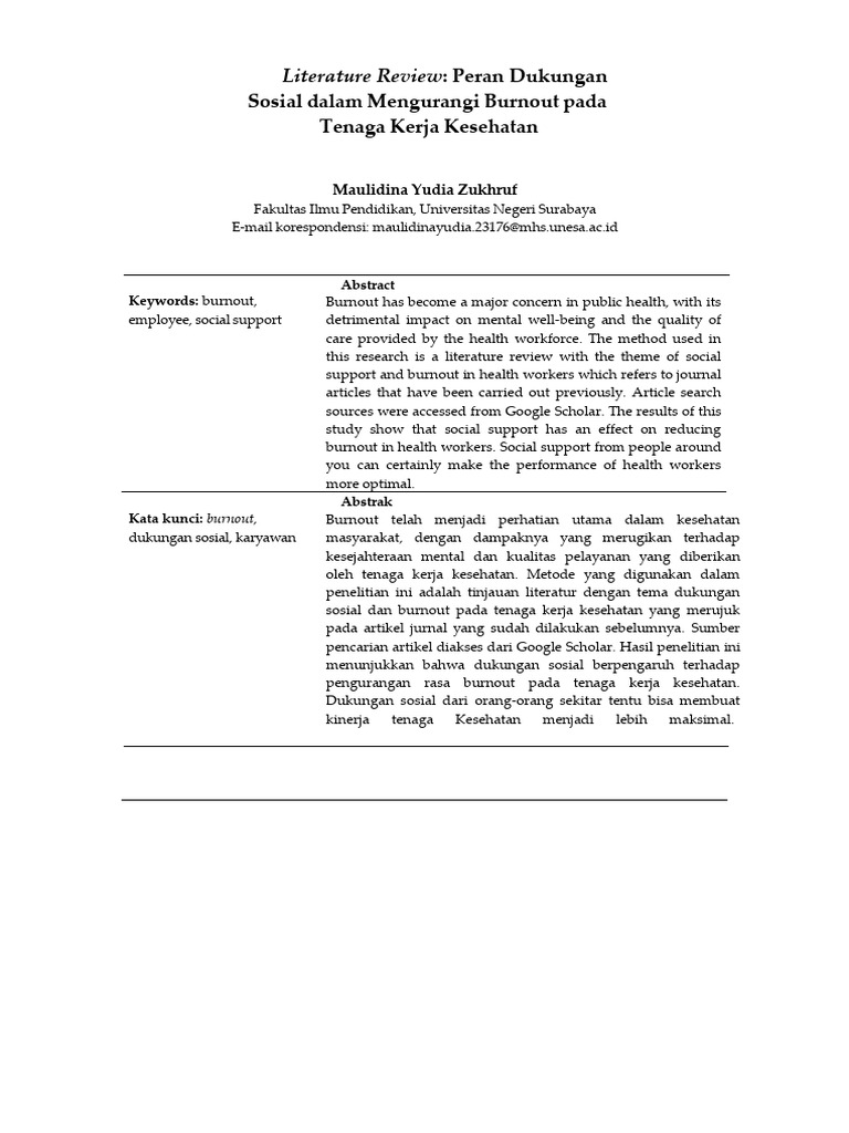 Literature Review: Peran Dukungan Sosial Dalam Mengurangi Burnout Pada ... Literature Review: Peran Dukungan Sosial Dalam Mengurangi Burnout Pada ...