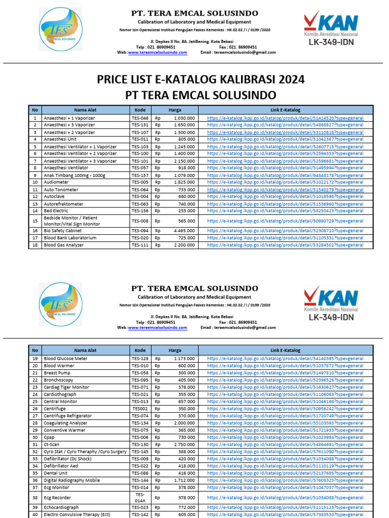 Calibration Price List 2024 | PDF | Clinical Medicine | Medical Equipment