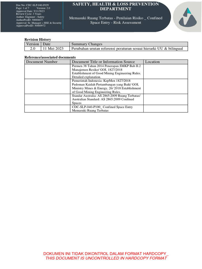 CDC-SLP-040-F029 Confined Space Entry-Risk Assessment | Download Free ...