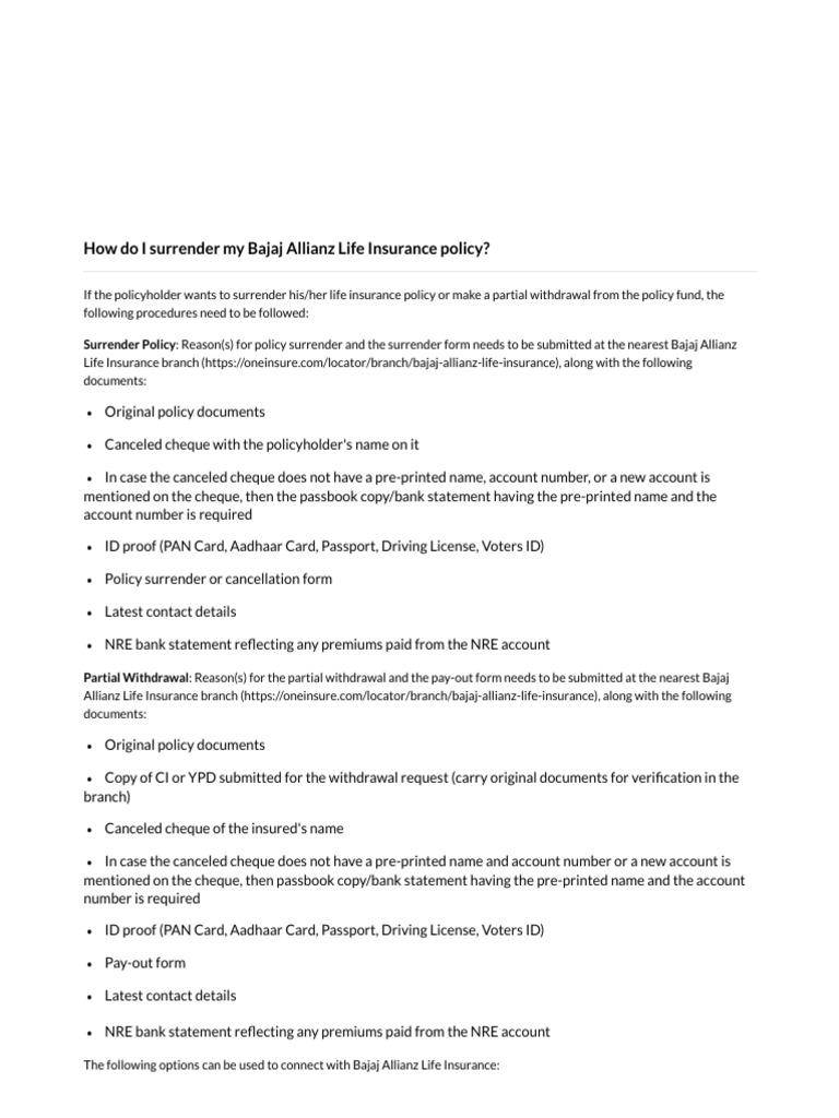 Surrender - Partial Withdrawal My Bajaj Allianz Life Insurance Policy ...