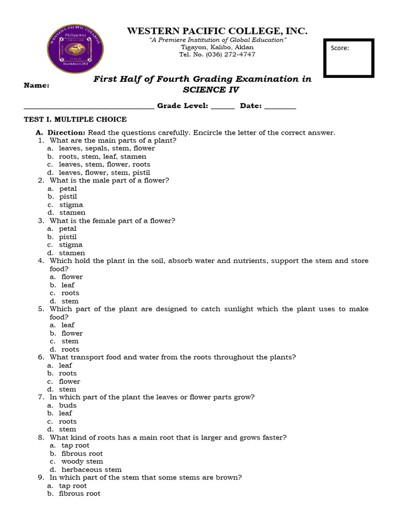 SCIENCE 3-4 EXAM | PDF | Flowers | Root