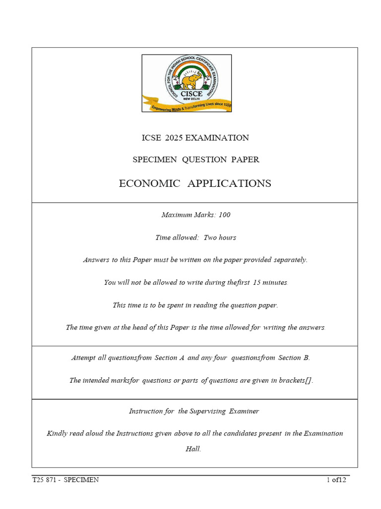 Icse 2025 Specimen Qp Ms 871 Eas (1) | Download Free PDF | Reserve Bank Of India | Demand