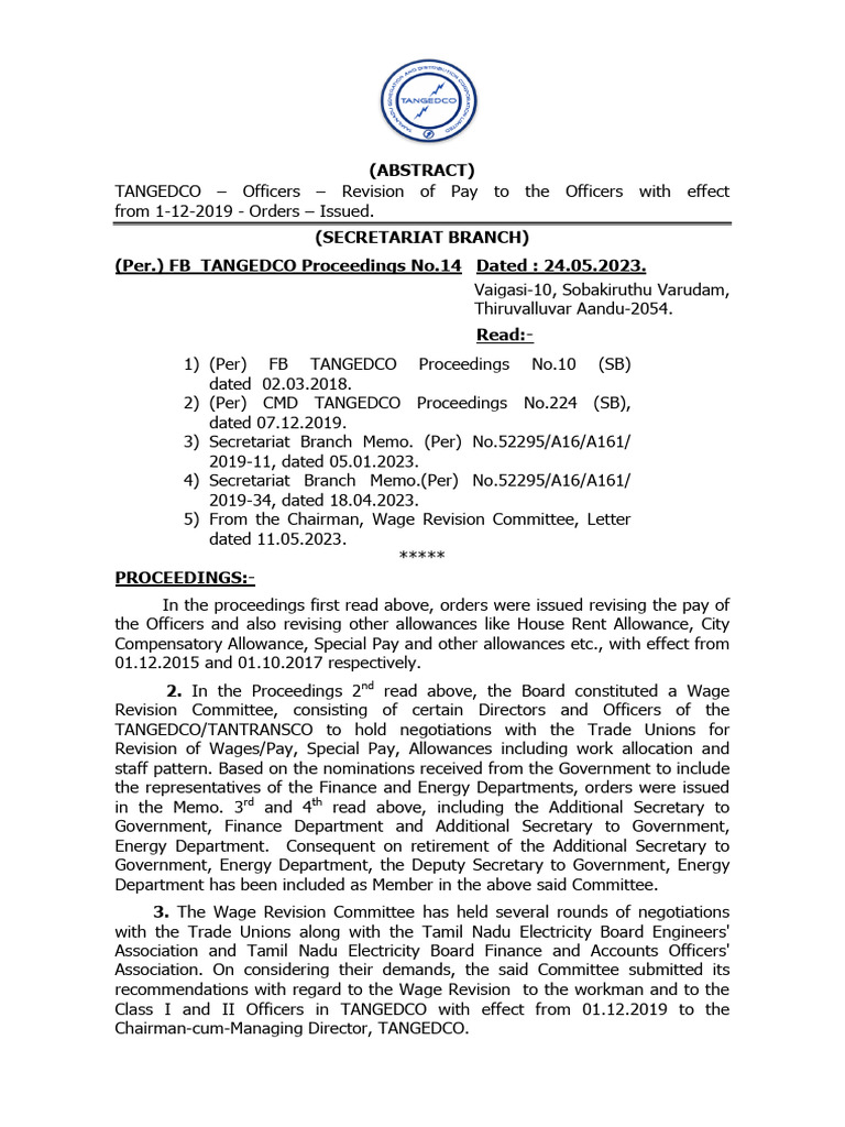 TANGEDCO Officers Pay Revision 2019 | PDF