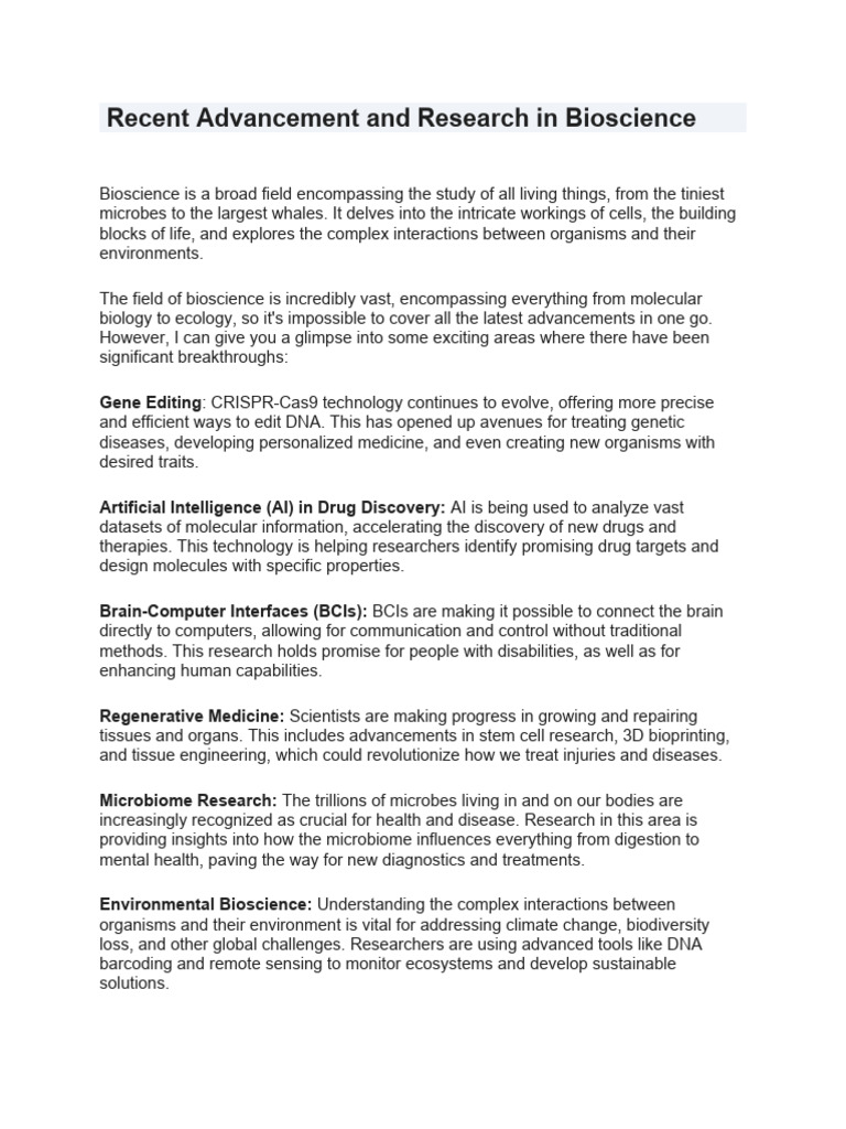 Recent Advancement and Research in Bioscience | PDF | Personalized Medicine | Artificial ...