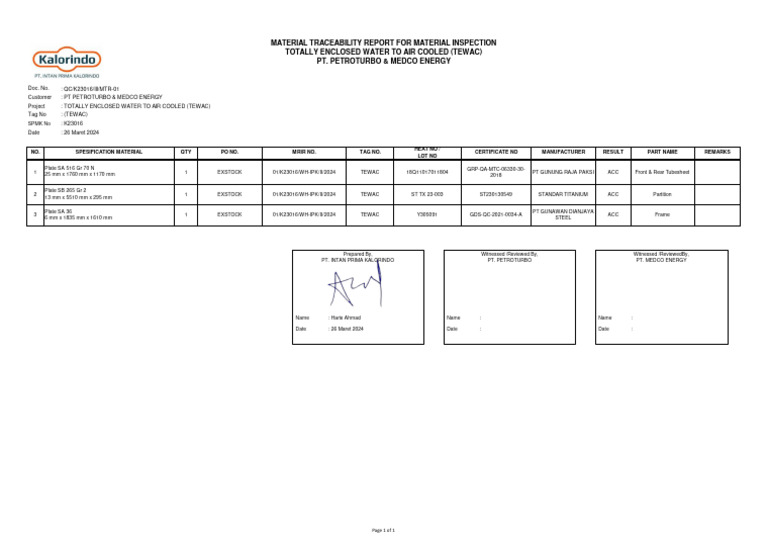 List Material Traceability K23016 | PDF