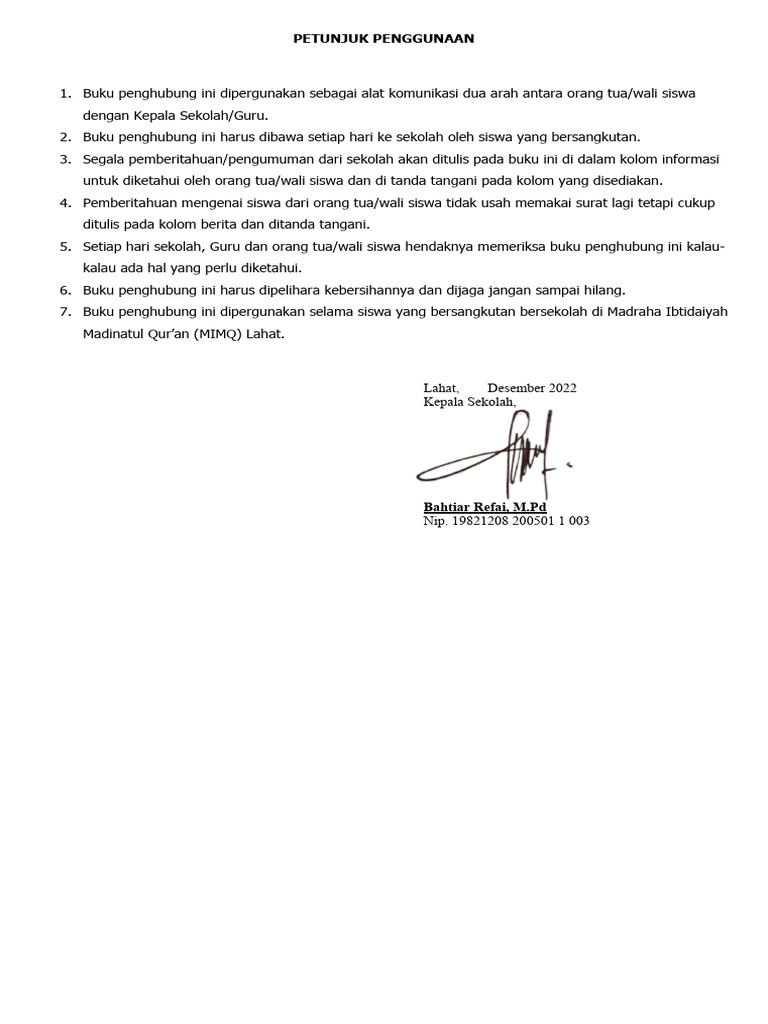 Buku Penghubung Siswa MIMQ Lahat | PDF