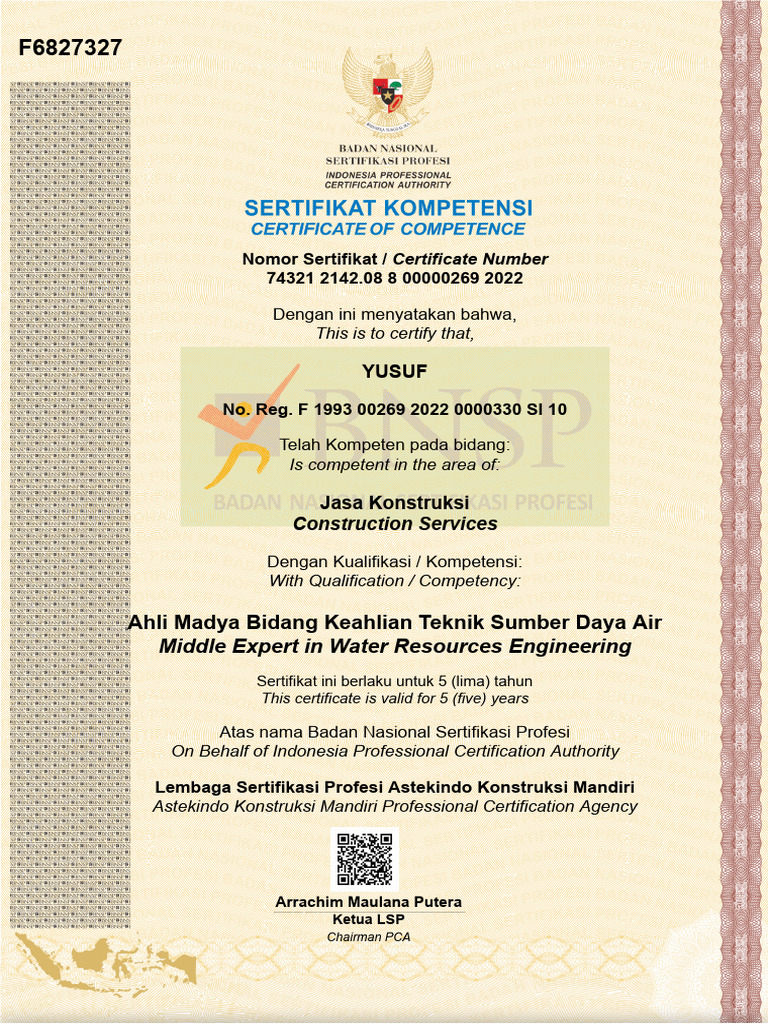 Sertifikat Yusuf BNSP LPJK | PDF