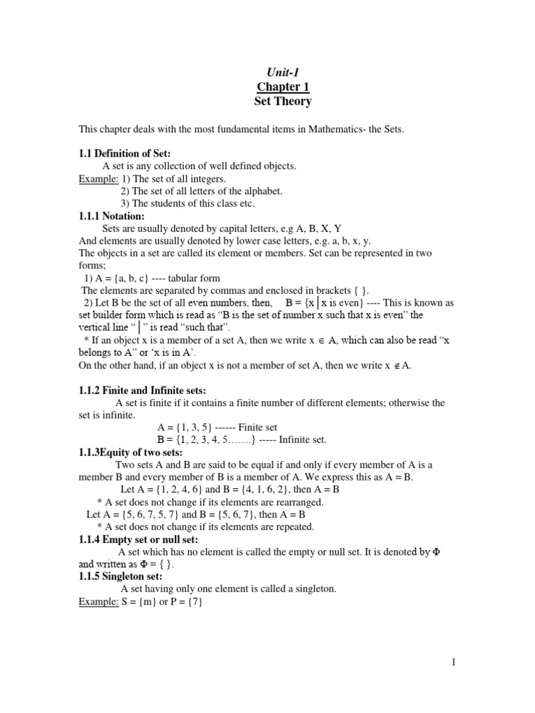 Unit 1 Chapter 1 (Set Theory) | PDF | Set (Mathematics) | Mathematical ... Unit 1 Chapter 1 (Set Theory) | PDF | Set (Mathematics) | Mathematical ...